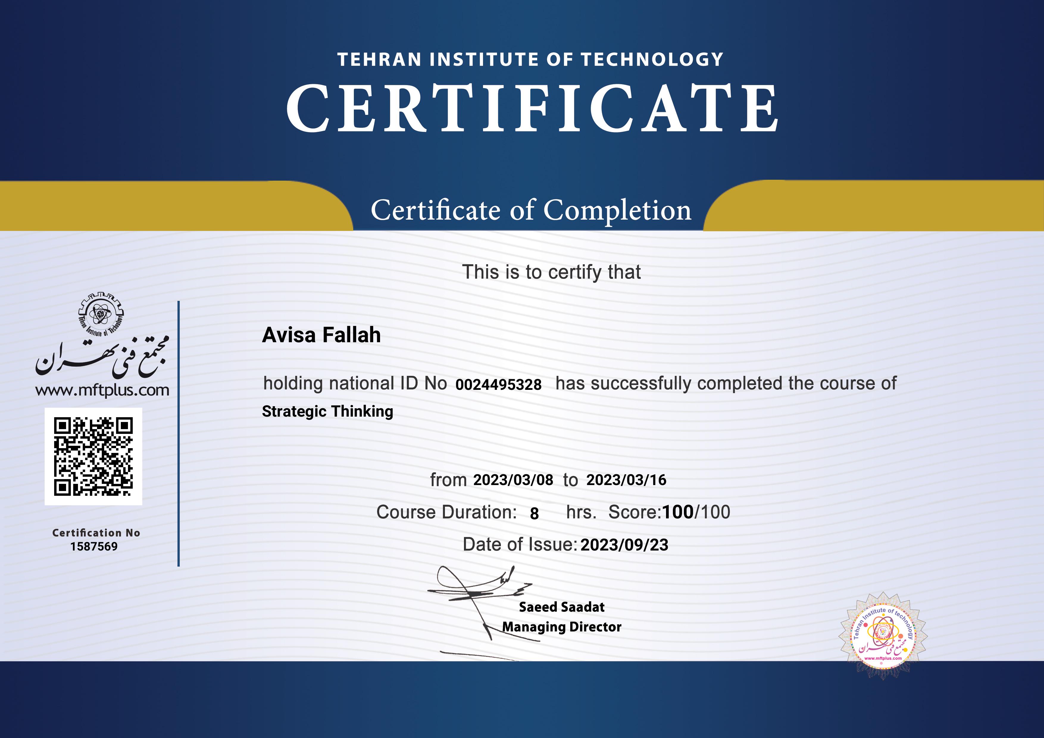 Certifications - Avisa Fallah